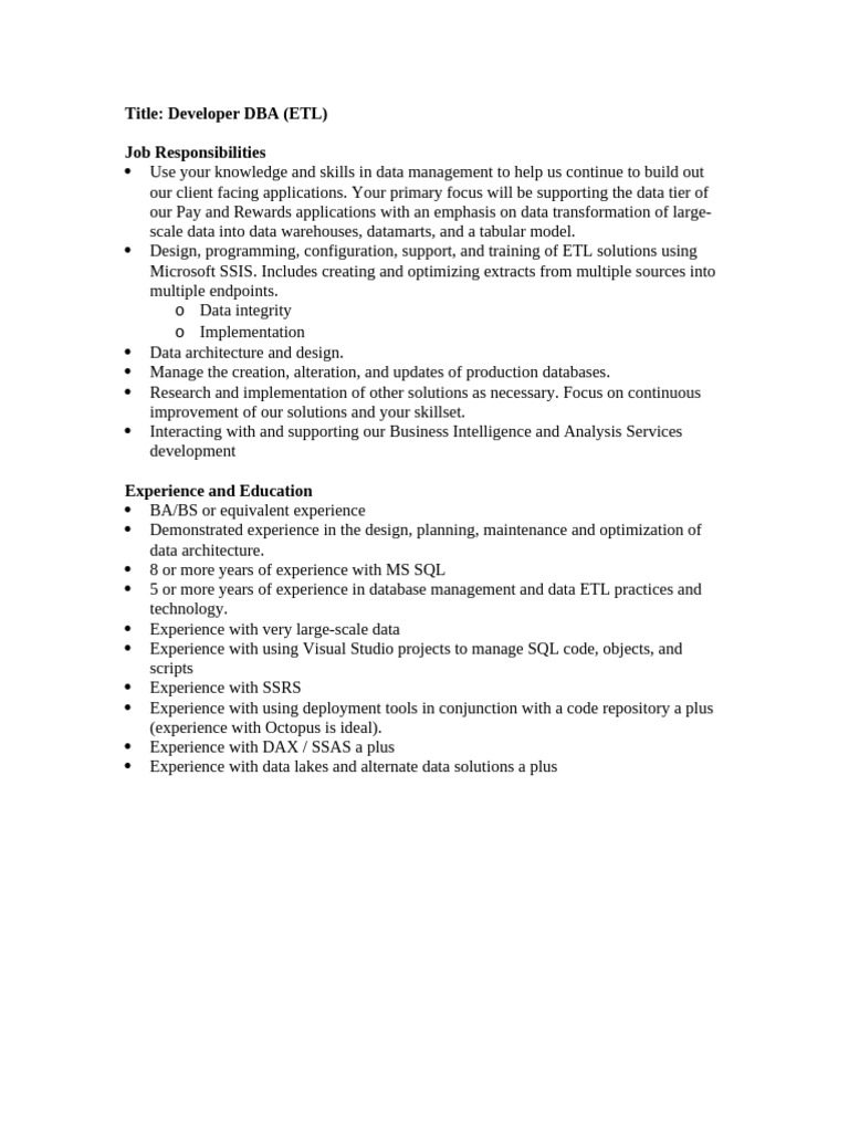 Developer DBA - ETL | PDF