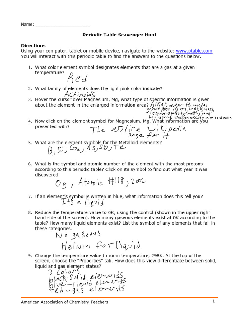 Periodic Table Scavenger Hunt Worksheet Answers Periodic Table