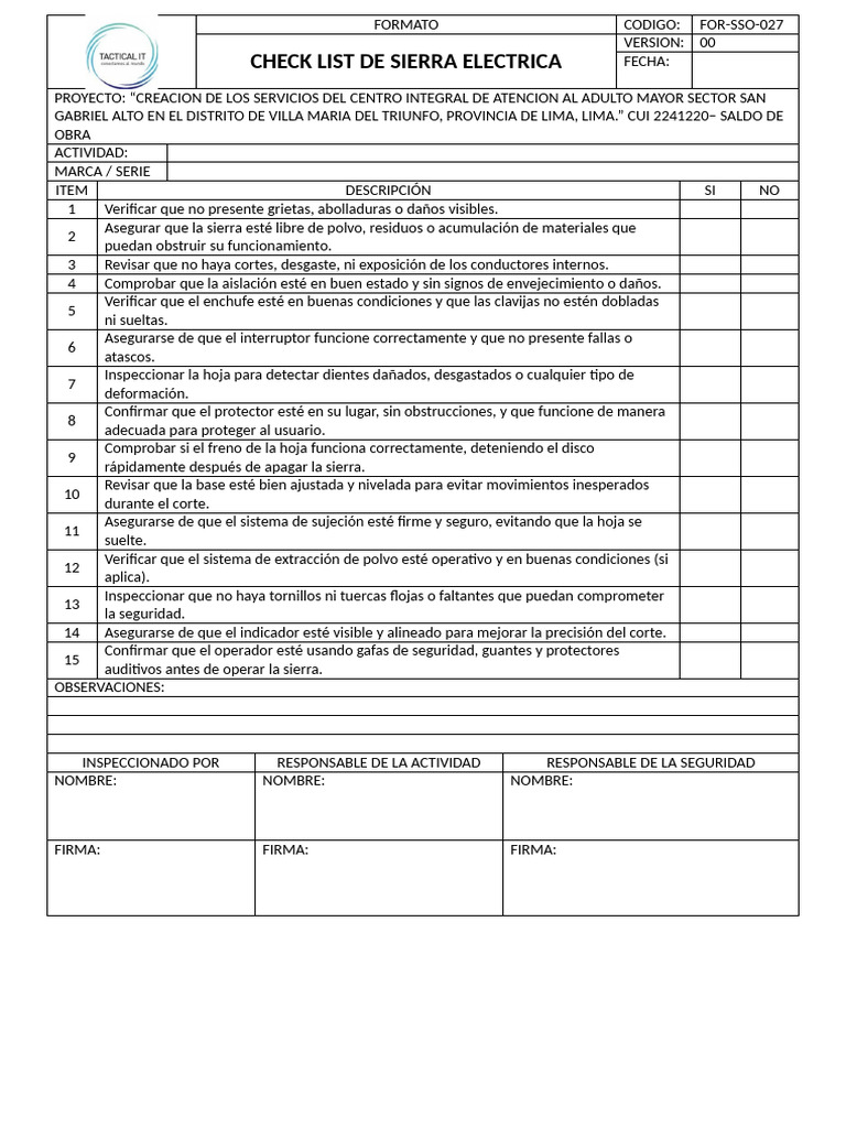 Checklist de Seguridad para Sierra Eléctrica | PDF