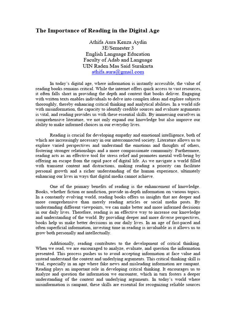 Athifa Aura Kenza Aydin - The Importance of Reading in The Digital Age | PDF | Empathy ...