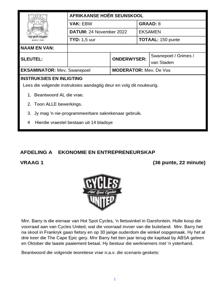 2022 GR 8 Nov EBW Vraestel | PDF