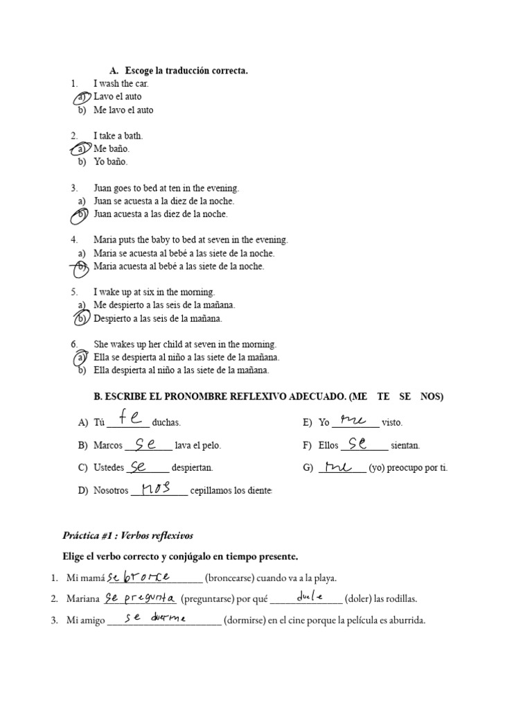 HW - Reflexive Verbs in Present Tense Practice | PDF | Relaciones personales, crianza y ...