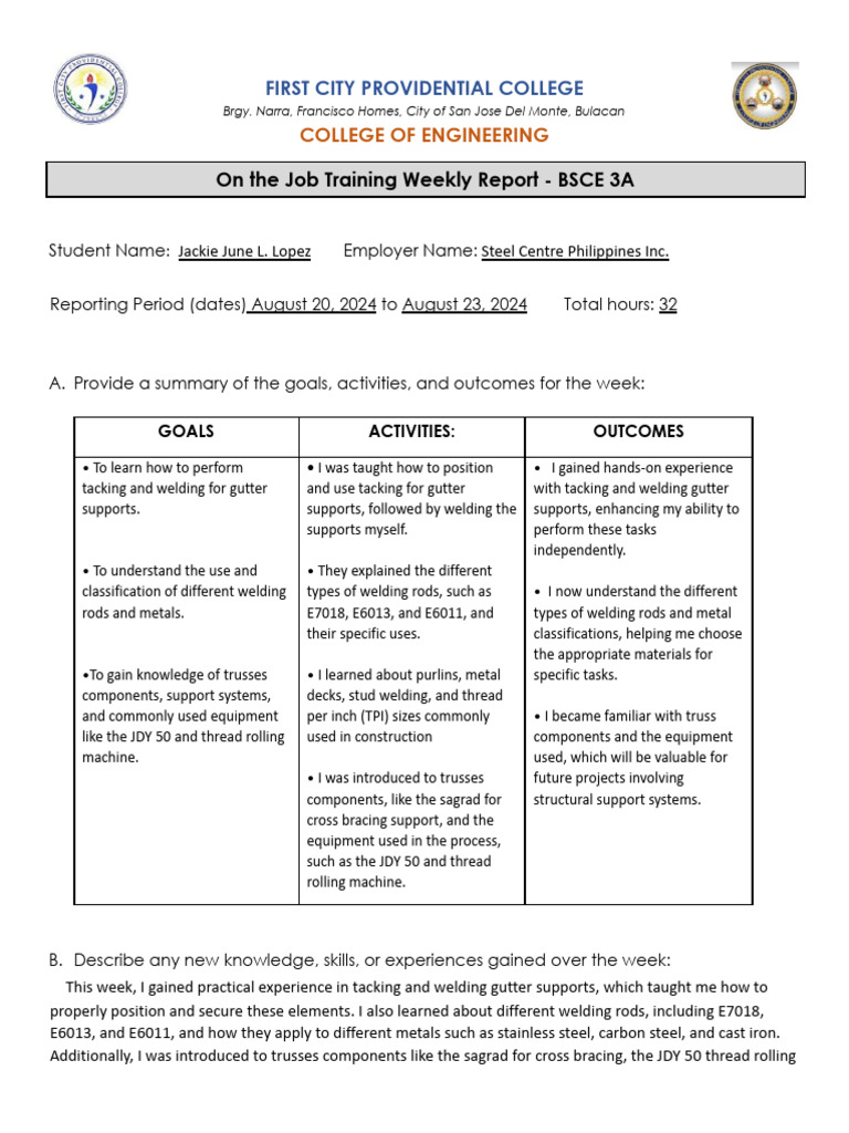 Weekly Report: BSCE 3A Internship | PDF | Welding | Construction