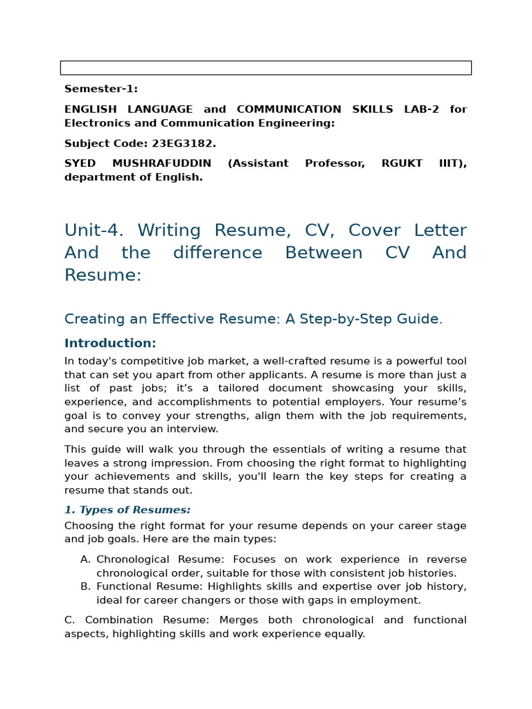 Unit-4. Writing Resume, CV, Cover Letter and The Difference Between CV and Resume | PDF | Résumé