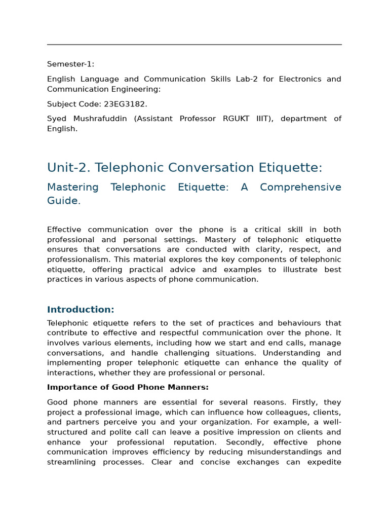 Unit-2. Telephonic Conversation Etiquette | PDF | Communication ...