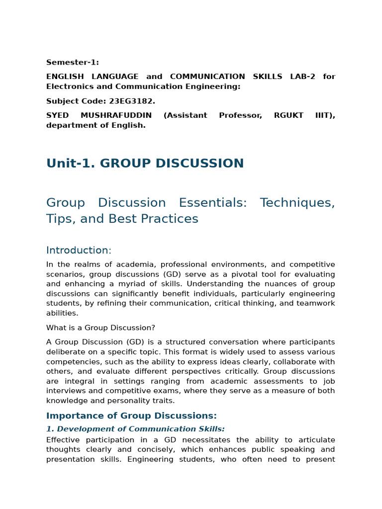 Unit-1. Group Discussion | PDF | Critical Thinking | Communication