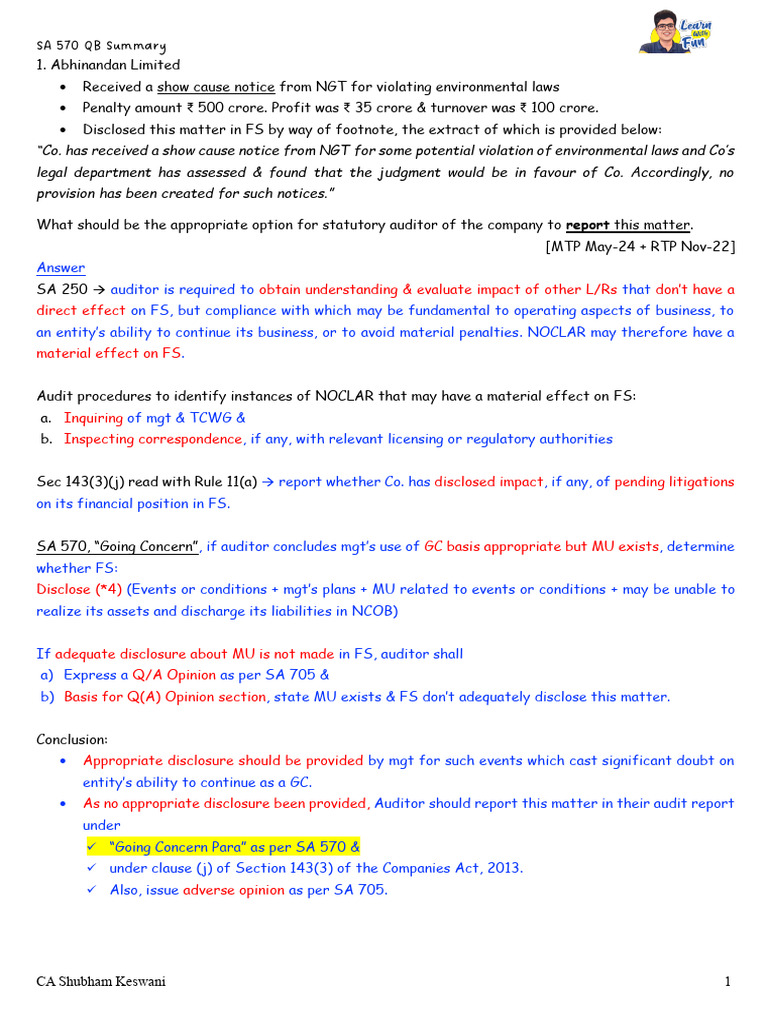 SA 570 QB Summary | PDF | Going Concern | Auditor's Report