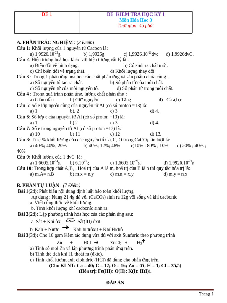 30 de Thi Hoa 8 HK1 Co Dap An | PDF