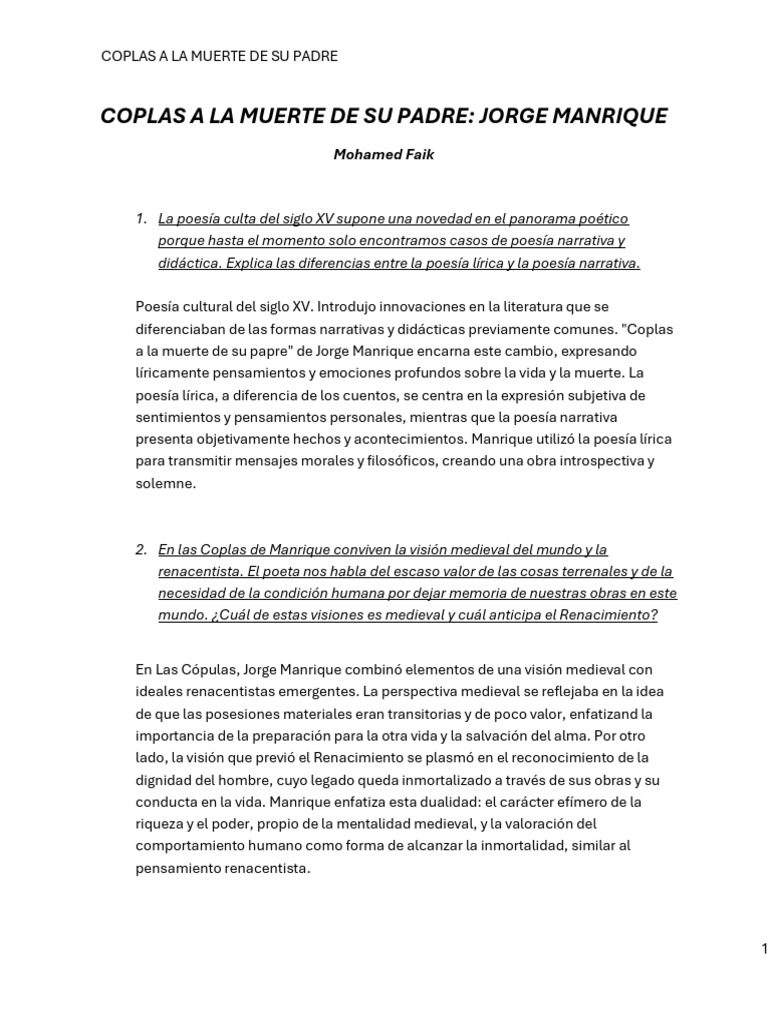 Coplas A La Muerte de Su Padre Jorge Manrique | PDF | Valor | Poesía