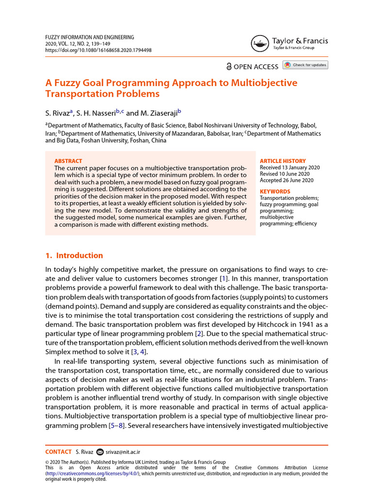 A Fuzzy Goal Programming Approach To Multiobjective Transportation Problems | PDF | Fuzzy Logic ...
