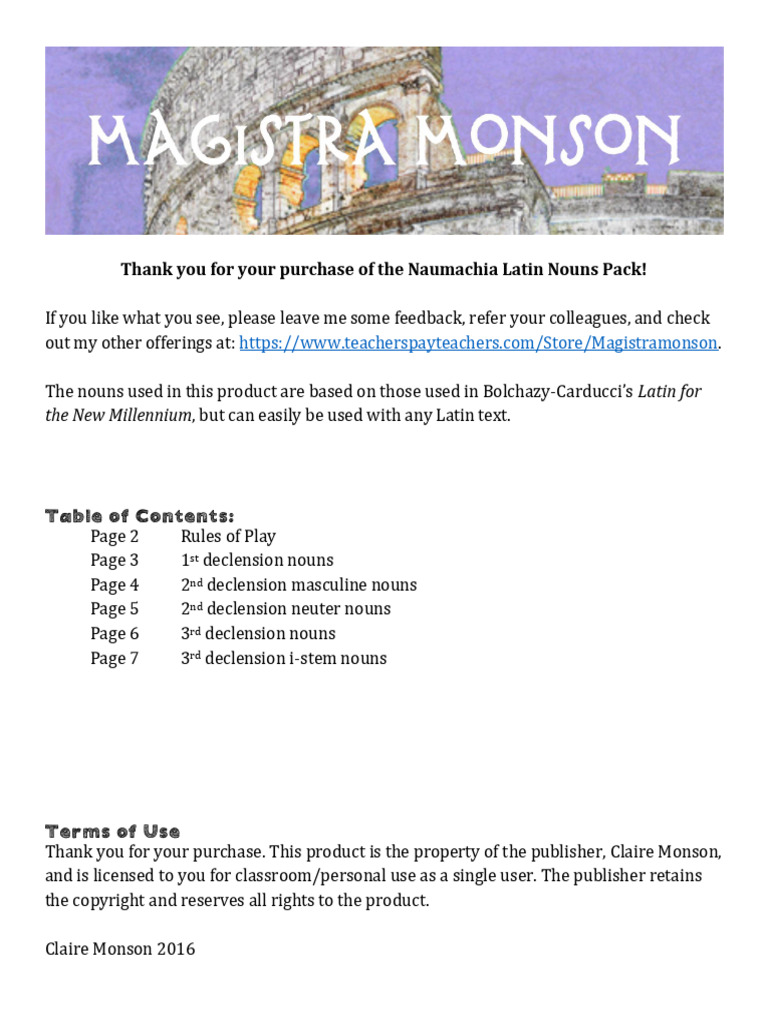 Thank You For Your Purchase of The Naumachia Latin Nouns Pack! | PDF ...