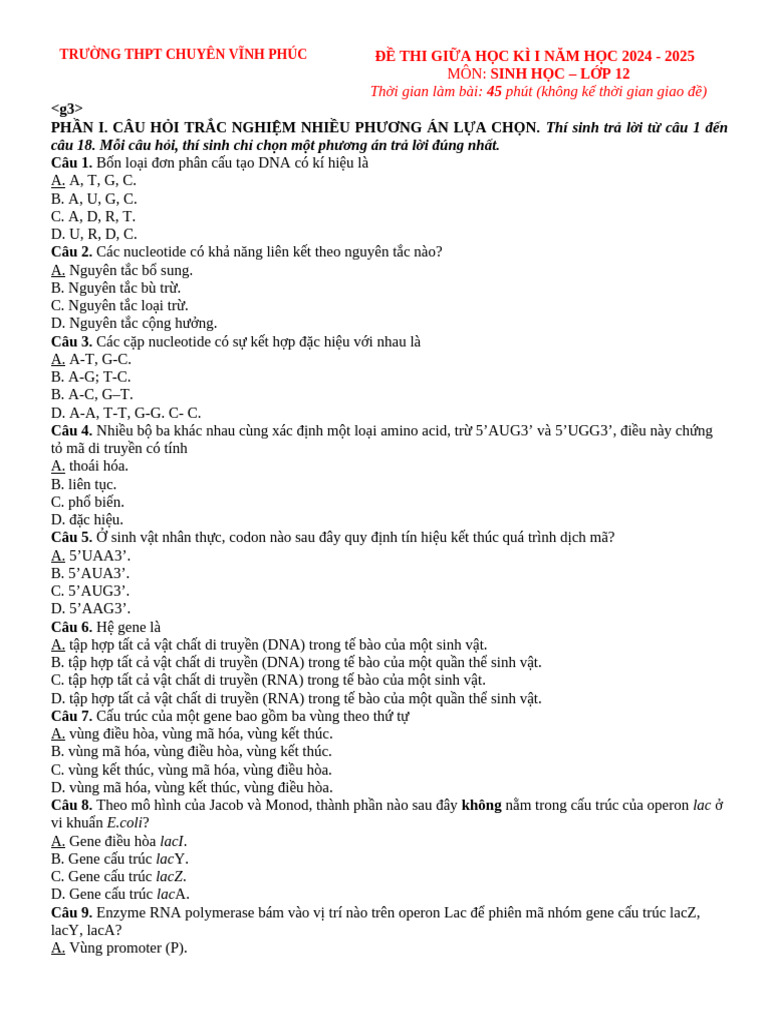 Gki 2024-2025 Sinh 12 Không-Chuyên | PDF