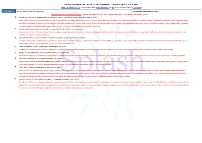 Semana 17 - Uchuy Yuyaysapakuna - Final G GTH | PDF | Logística | Liderazgo