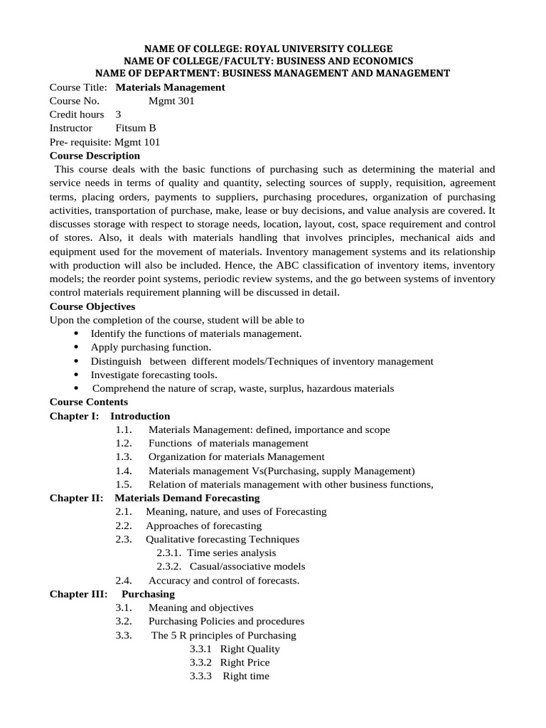 Materials Management Course Outline | PDF | Inventory | Supply Chain ...