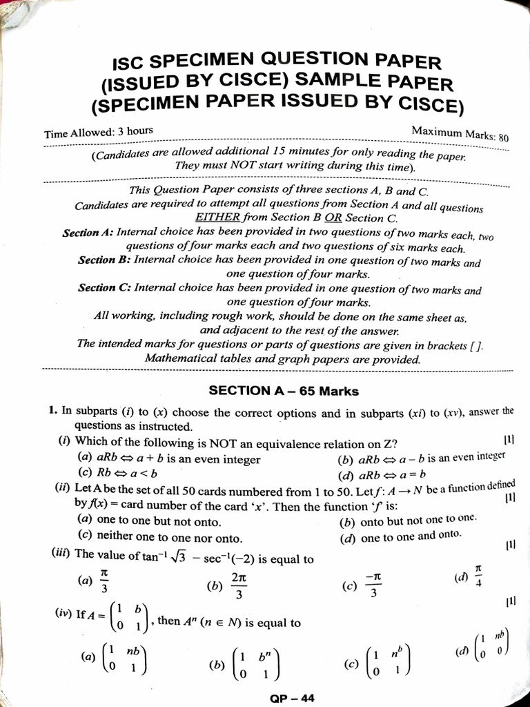 ISC Class 12 Maths Specimen Paper | PDF | Algebra | Elementary Geometry