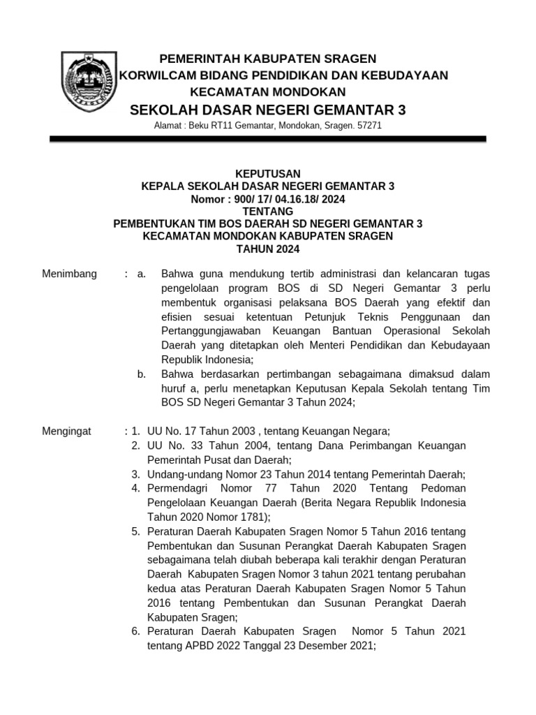 Contoh - SK - Tim - BOSDA - 2024 - Gemanatar 3 | PDF