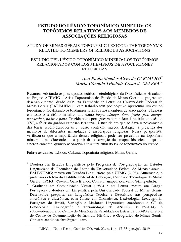 Estudo Do Léxico Toponímico Mineiro - Os Topônimos Relativos Aos Mebros ...