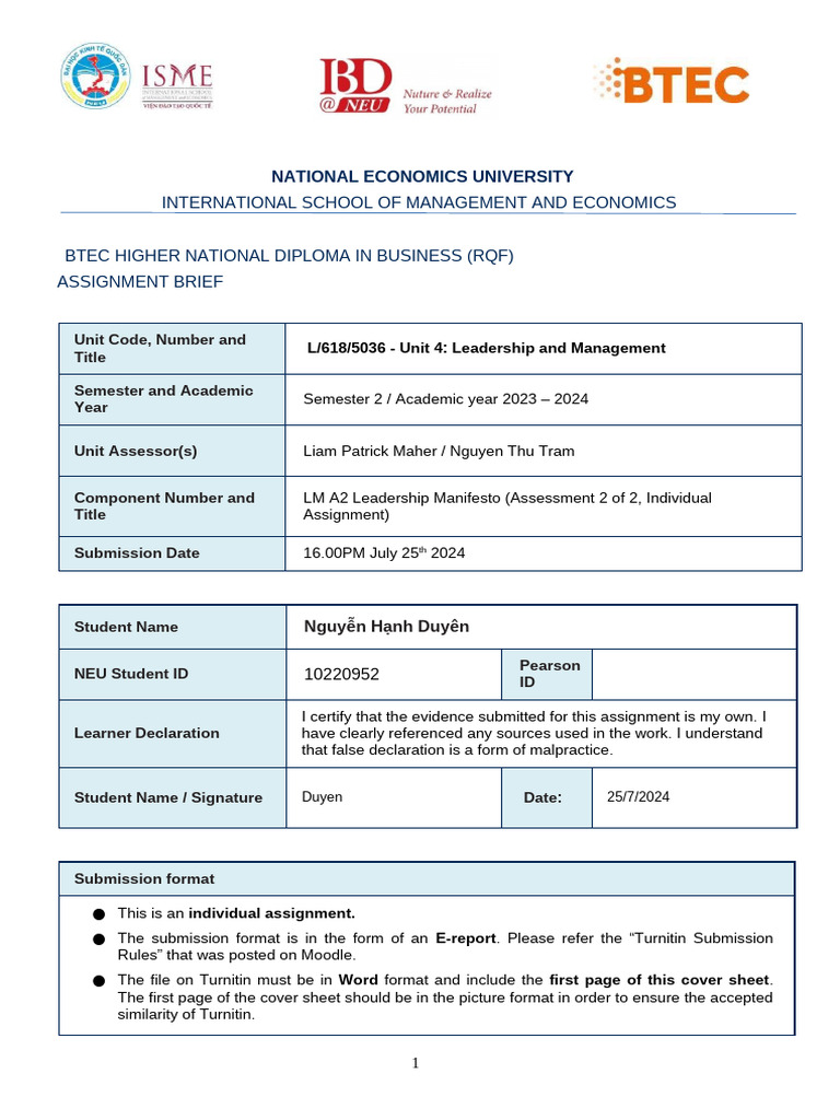 Leadership Manifesto Assignment Guide | PDF | Turnitin | Leadership