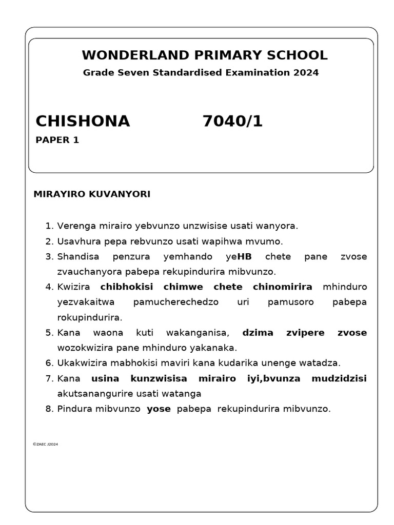 Grade 7 Chishona Exam Instructions | PDF