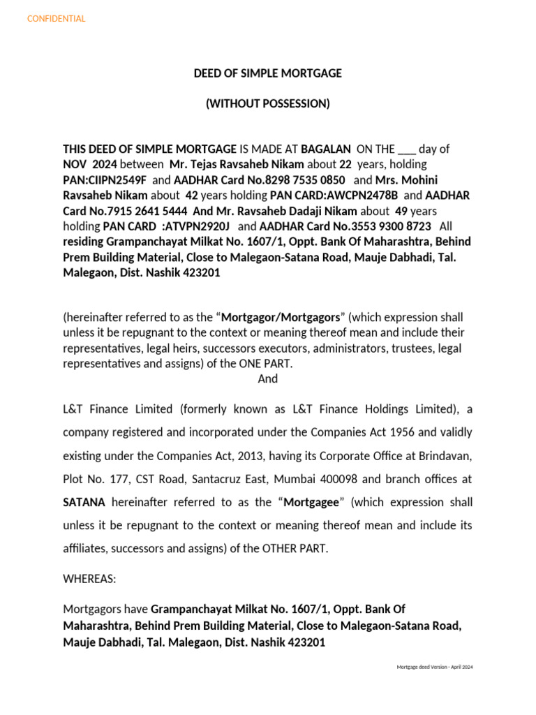 Deed of Simple Mortgage Tejas Ravsaheb Nikam | PDF | Mortgage Law ...