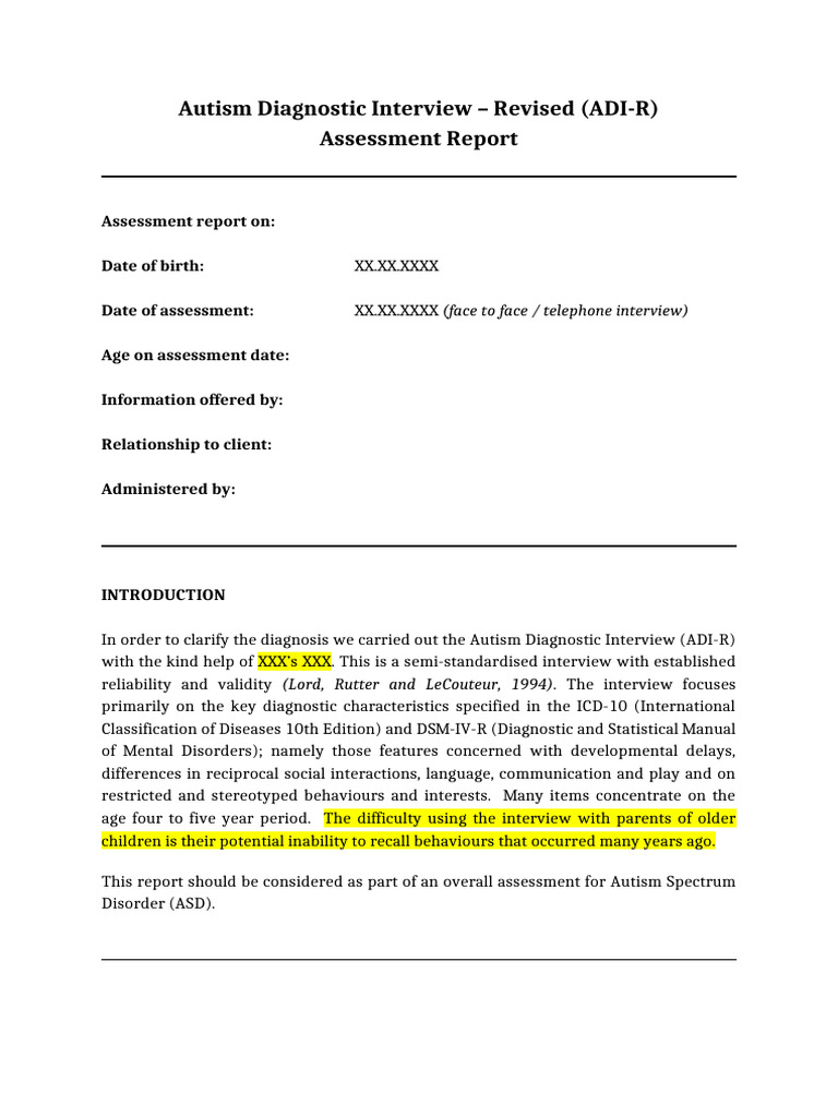 Adi-R Report Template With Qs June 2021 | PDF | Autism Spectrum ...