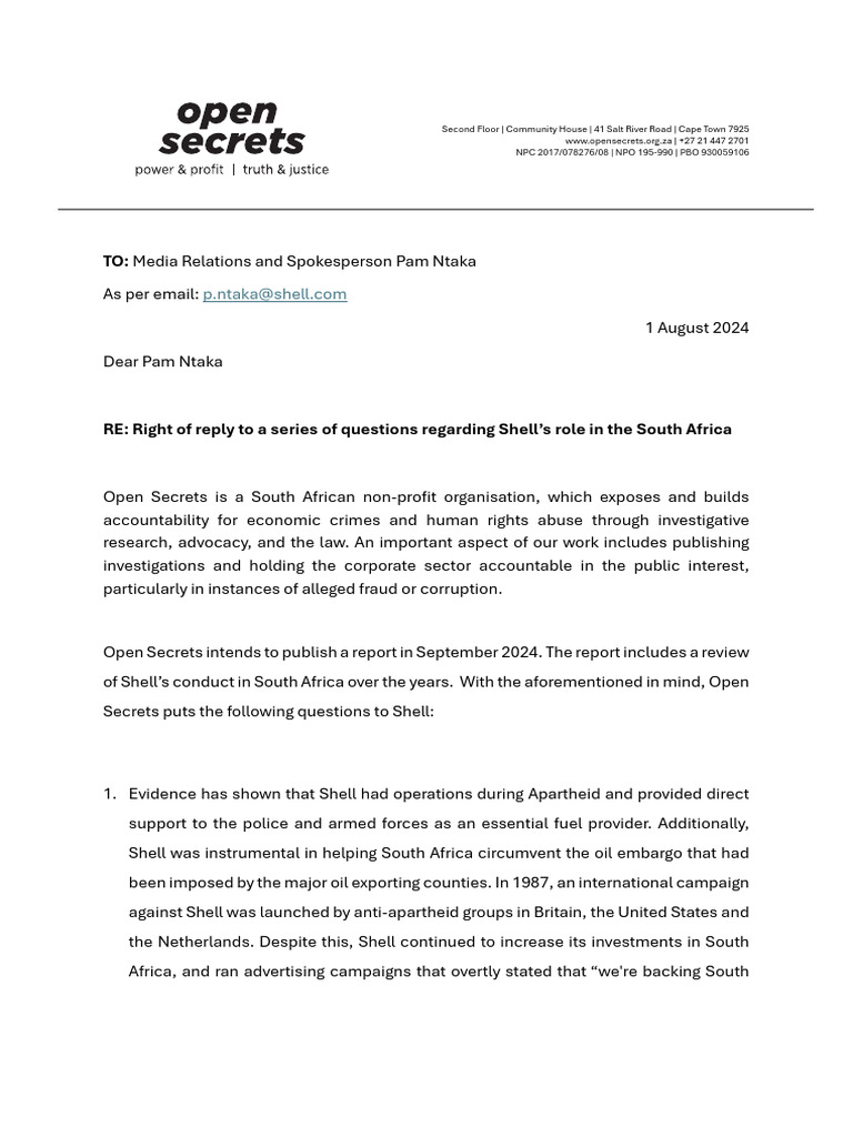 Shell Right of Reply Letter | PDF | South Africa | Appeal