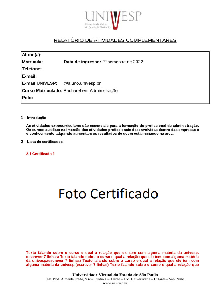 Modelo de Relatório para UNIVESP | PDF