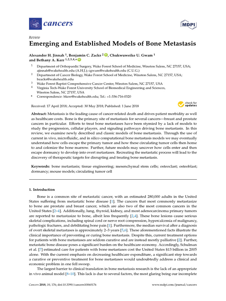 Emerging and Established Models of Bone Metastasis | PDF | Metastasis ...