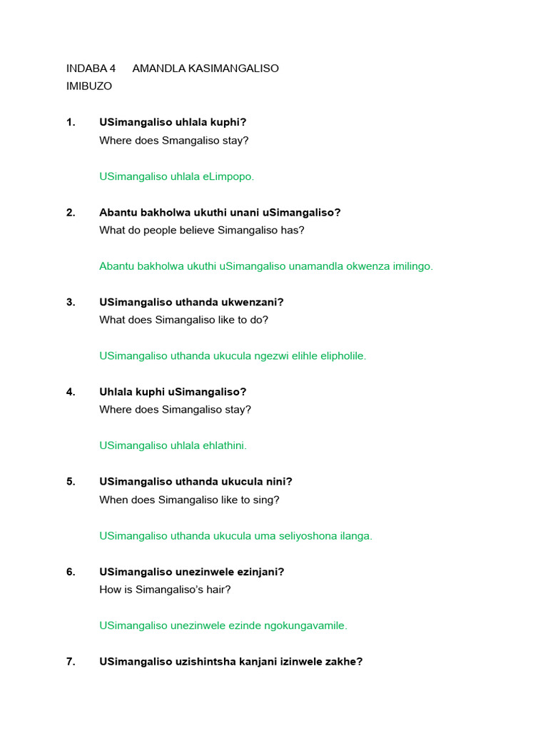 IMIBUZO INDABA 4 AMANDLA KASIMANGALISO - Izimpendulo - Tagged | PDF ...