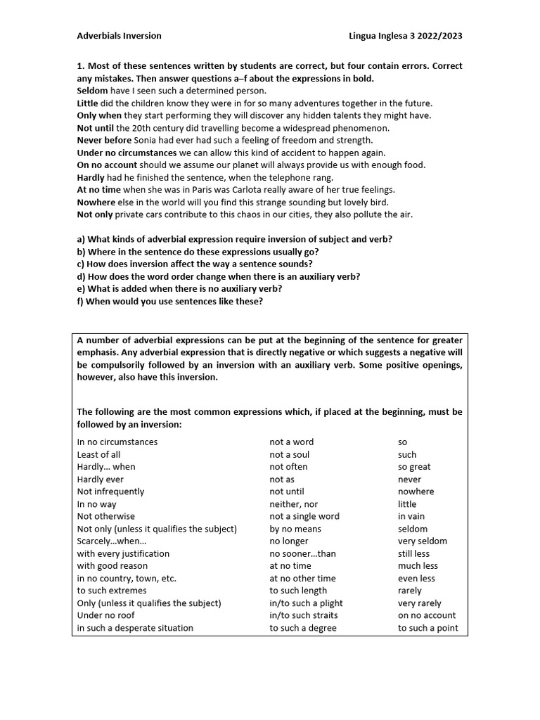 Adverbials Inversion | PDF | Verb | Linguistics