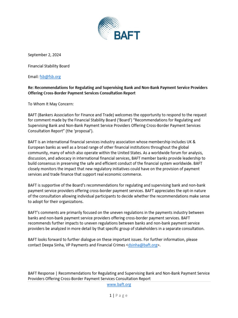 BAFT Comment Letter On FSB Consult Uneven Regs 09022024 | PDF | Banks ...