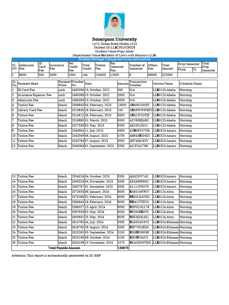 Student Ledger for Popy Akter | PDF | Cash | Payments