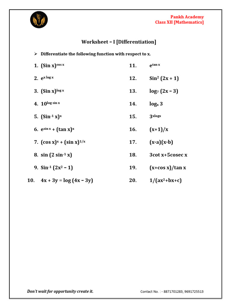 Worksheet - I (Differentiation) | PDF