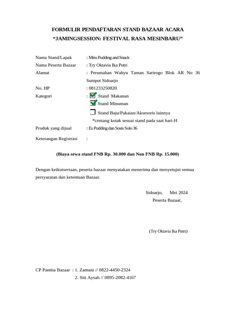 Formulir Pendaftaran Stand Bazaar | PDF