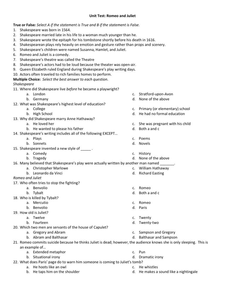 Romeo Juliet Unit Test | PDF | Characters In Romeo And Juliet | Romeo ...