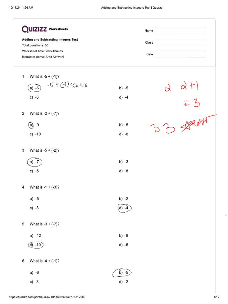 Add and Sub Integers Test | PDF