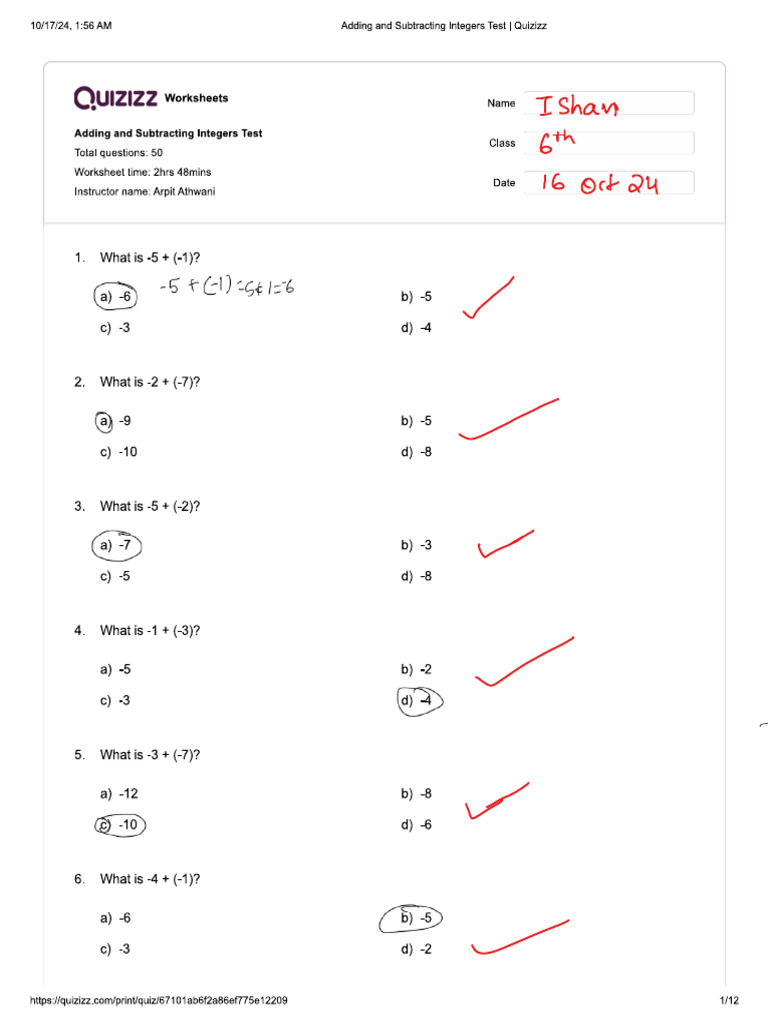 Add and Sub Integers Test | PDF