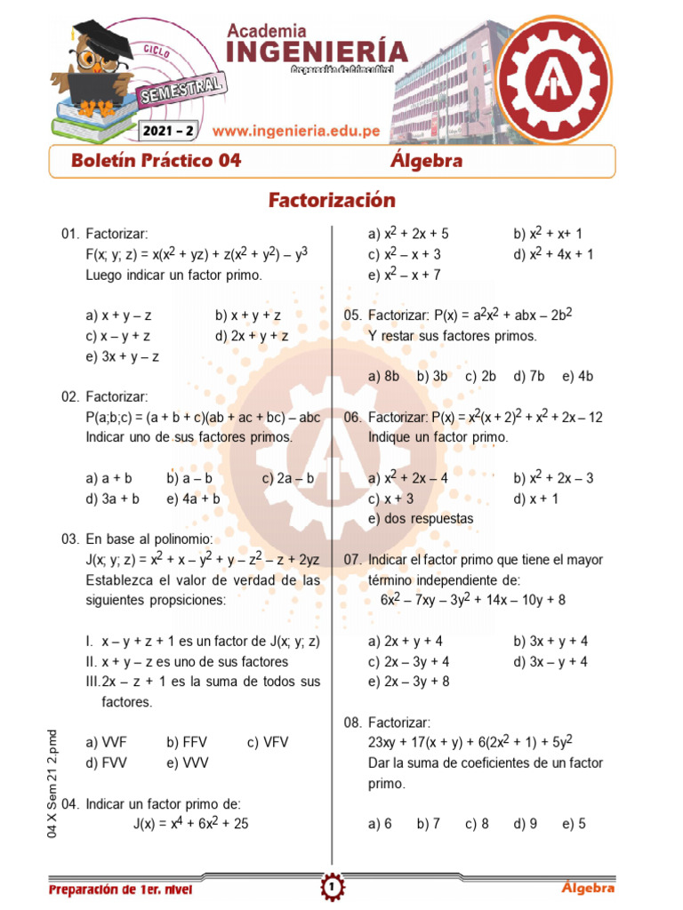 Álgebra Práctica Intensivo Semana-04 | PDF | Factorización | Álgebra