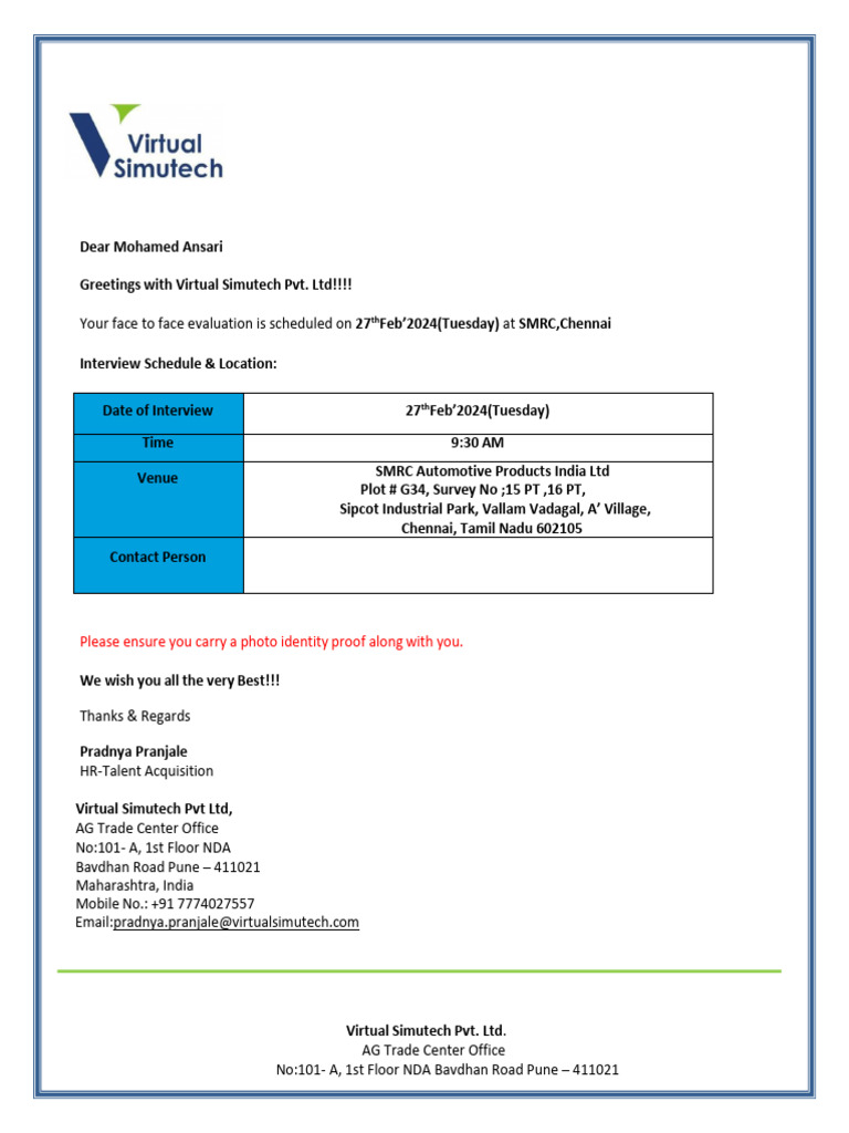 Interview Call Letter For SMRC - Chennai - Mod Ansari | PDF