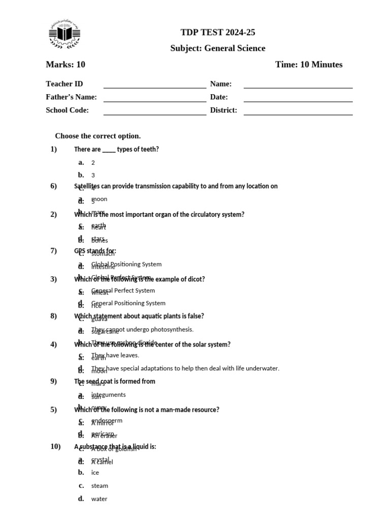 Science-Pre Test | PDF