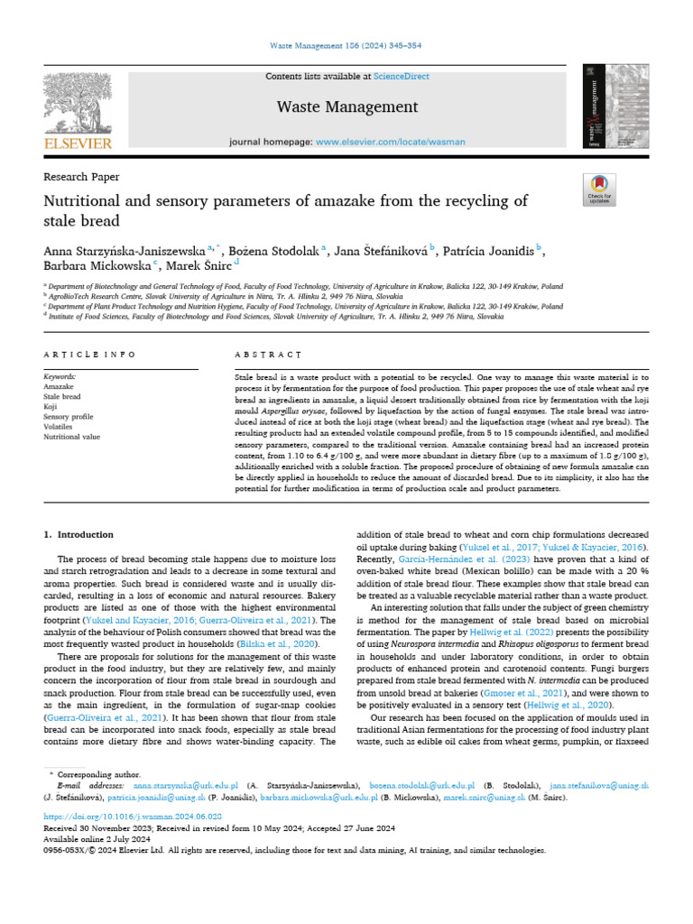 Nutritional and Sensory Parameters of Amazake From The Recycling of ...