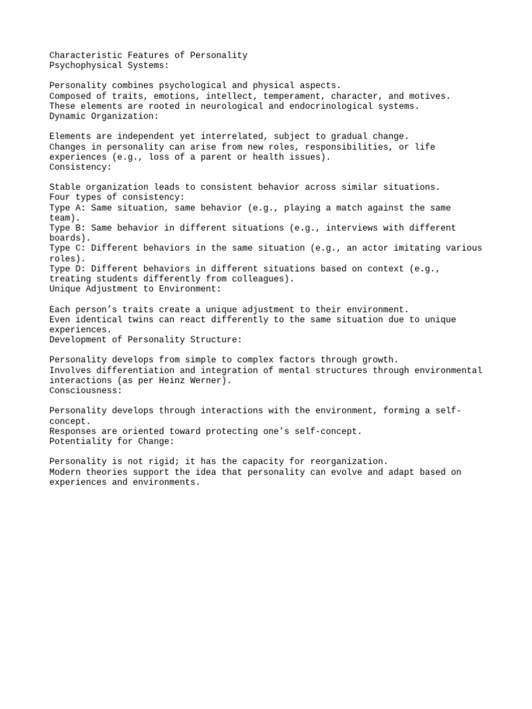 Characteristic Features of Personality | PDF