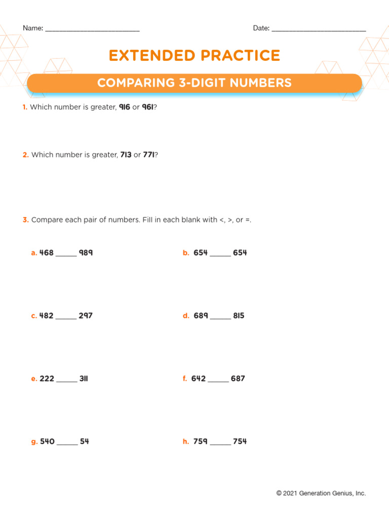Comparing 3-Digit Numbers Worksheet | PDF