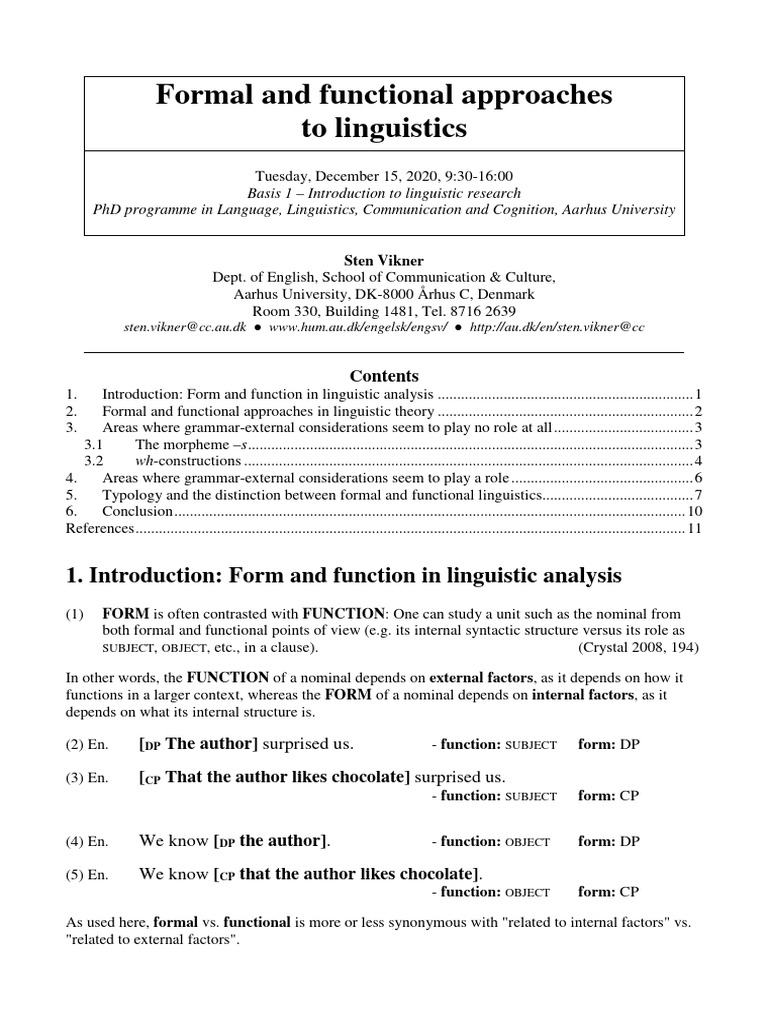 Vikner Ho 2020 Basis1 AU Syntax Funct Form | PDF | Linguistics | Semantics