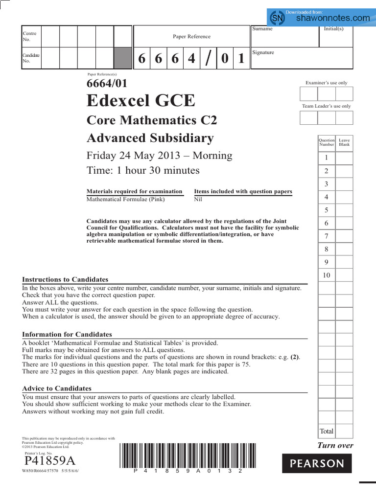 June 2013 QP - C2 Edexcel | PDF | Mathematics | Area