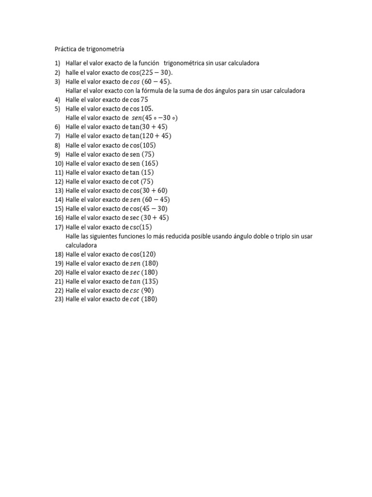 Ejercicios de Trigonometría Sin Calculadora | PDF
