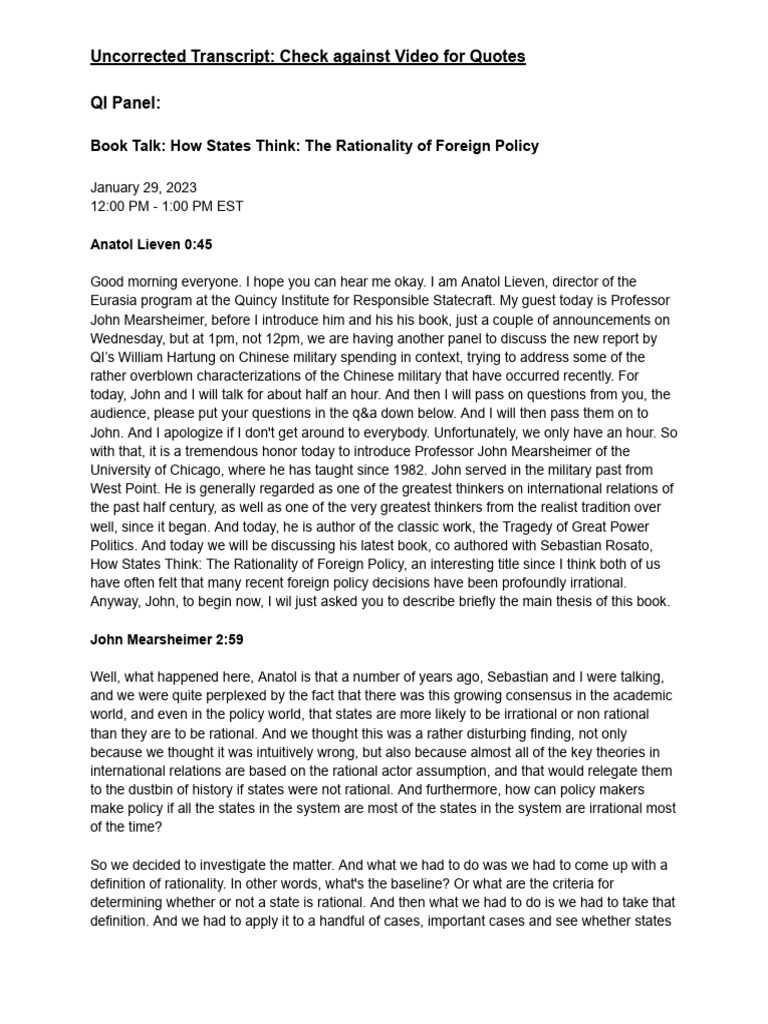 Book Talk - How States Think - The Rationality of Foreign Policy | PDF ...