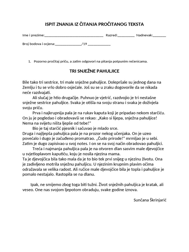 Ispit Razumijevanje Pročitanog Teksta | PDF