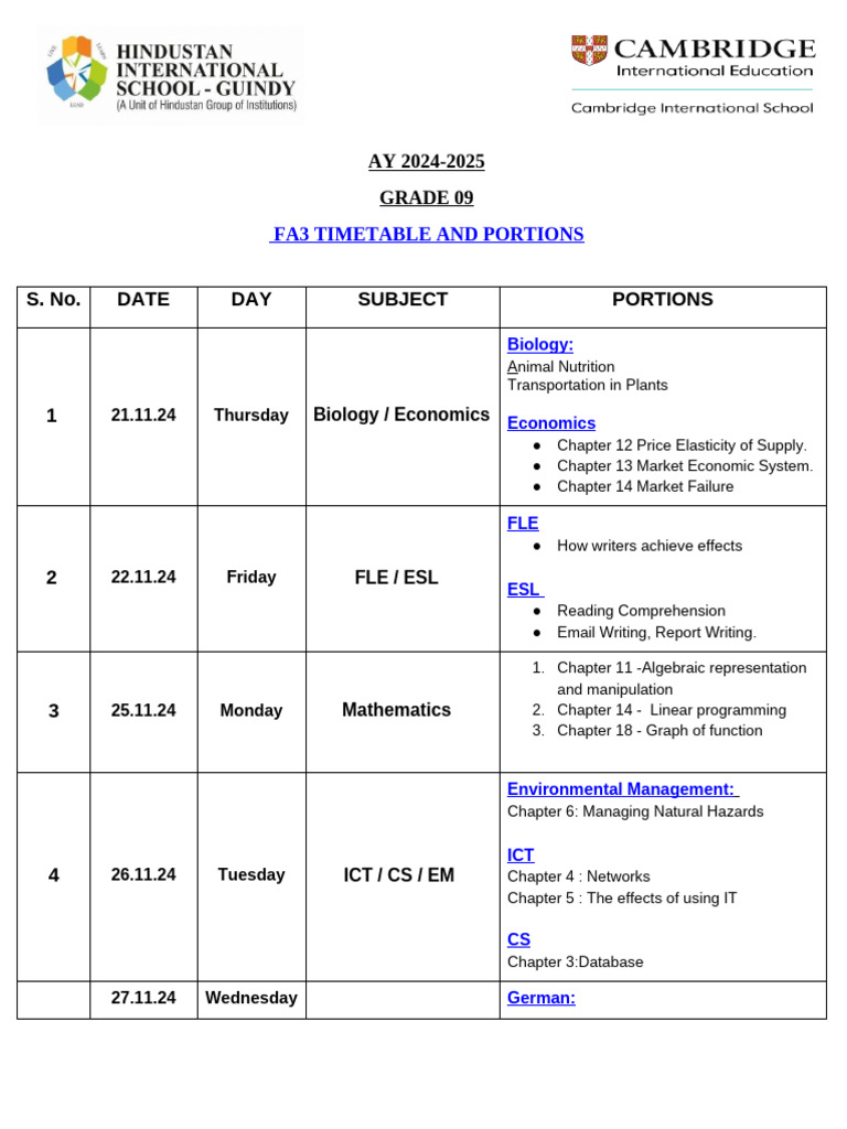 Grade 9 FA 3 Timetable 12112024131450 38 | PDF