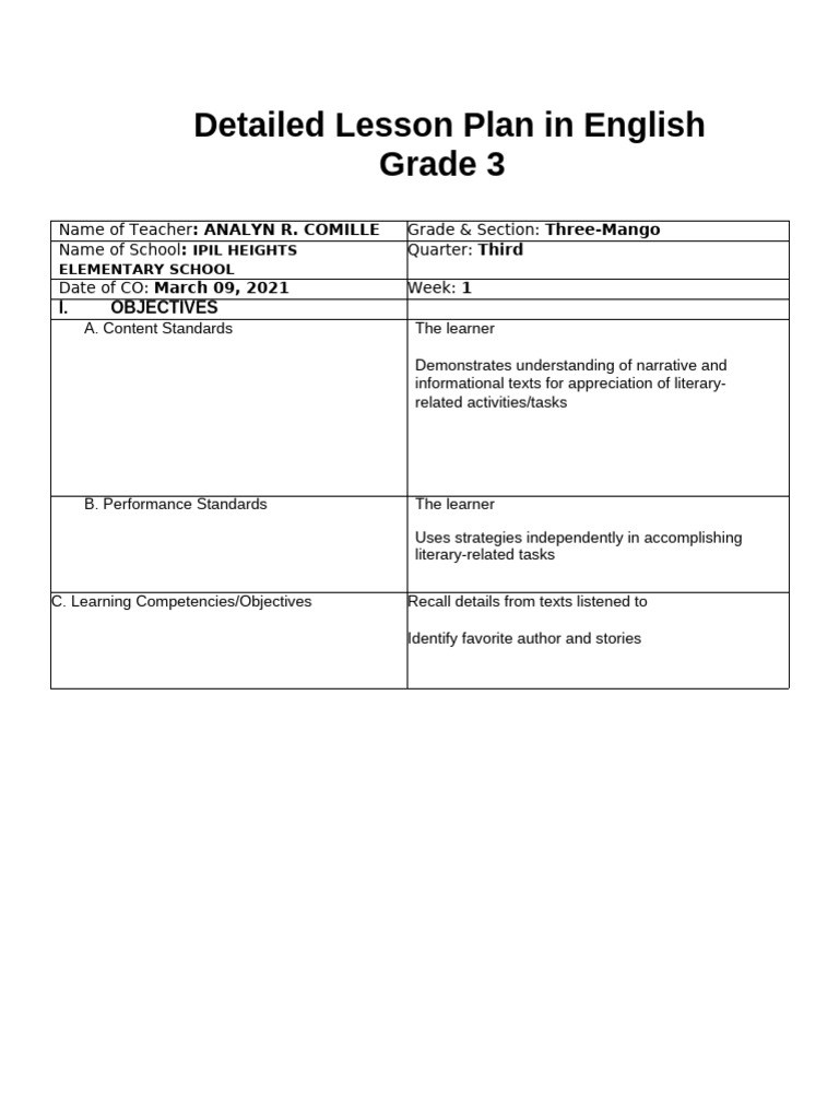Grade 3 English Detailed Lesson Plan | PDF | Lesson Plan | Teachers